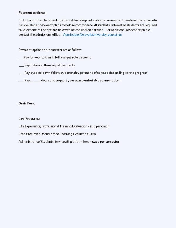 Cost - Barclay College of Law Programs - Cavalla International University of America