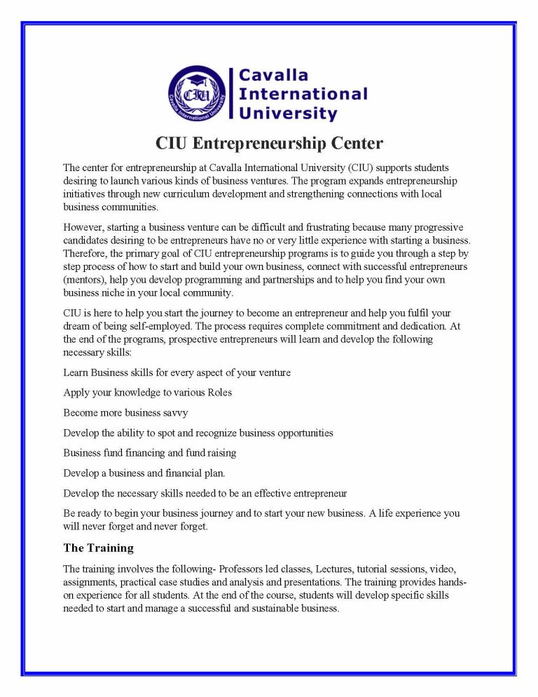 CIU Entrepreneurship Center - Cavalla International University of America